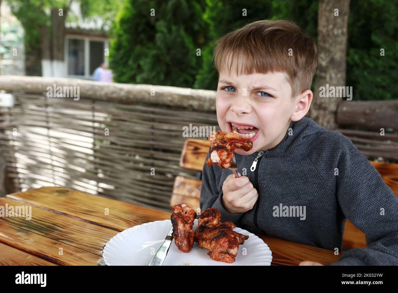 Child eating grilled chicken wings on restaurant terrace Stock Photo ...