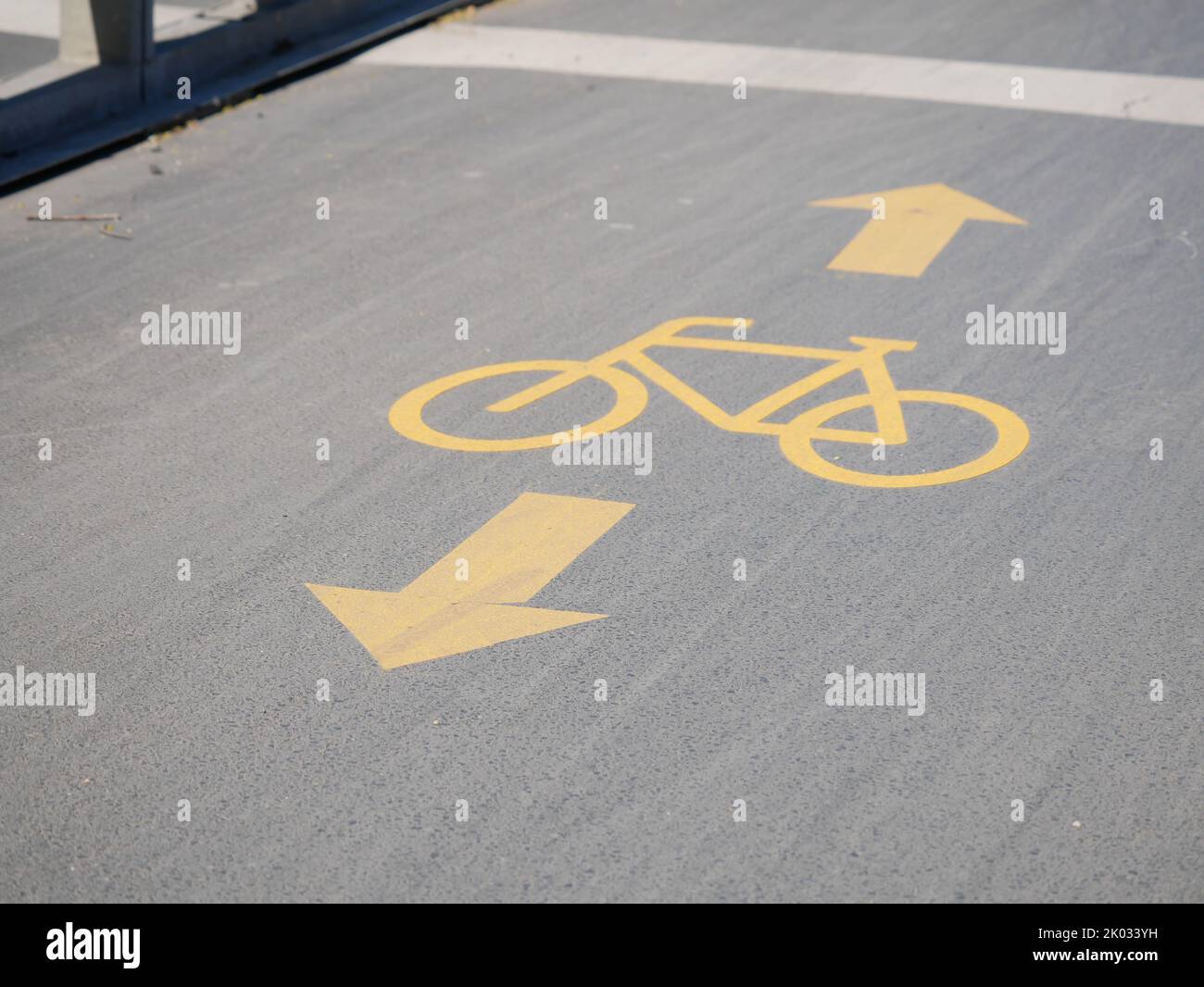 A yellow bicycle sign with arrows on the asphalt Stock Photo - Alamy