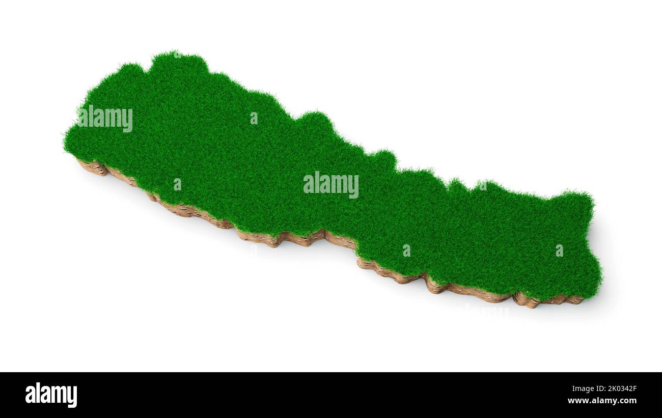 A 3D rendering of the Nepal-shaped map with grass and soil texture ...