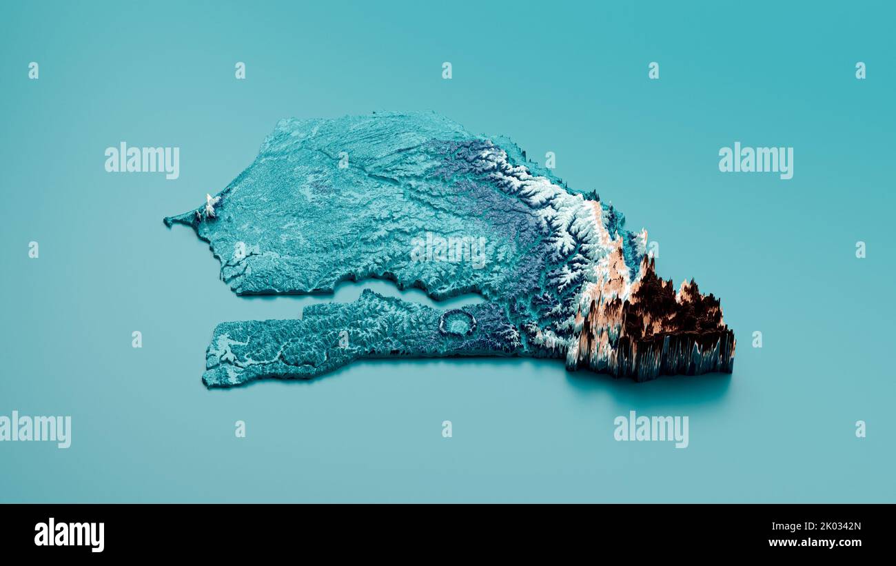 A 3D rendering of the Senegal topographic map on a blue background ...