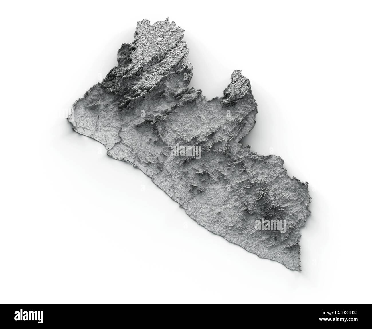 A 3D grayscale rendering of the Liberia topographic map on a white ...