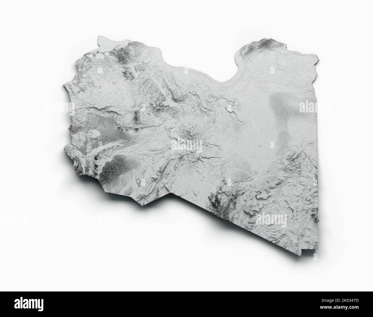A 3D grayscale rendering of the Libya topographic map on a white ...