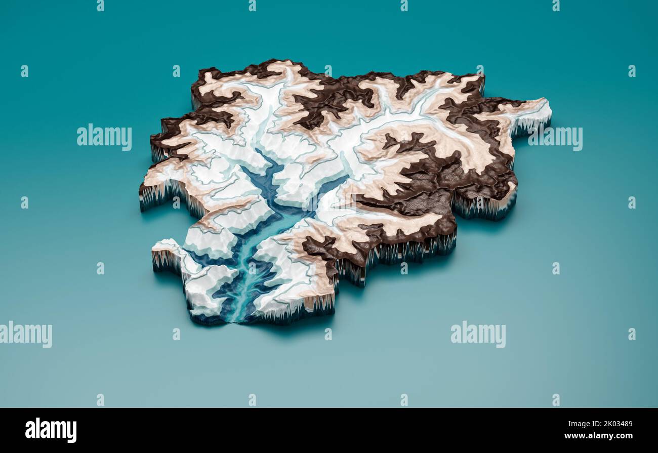 A 3D rendering of the Andorra topographic map on a blue background ...