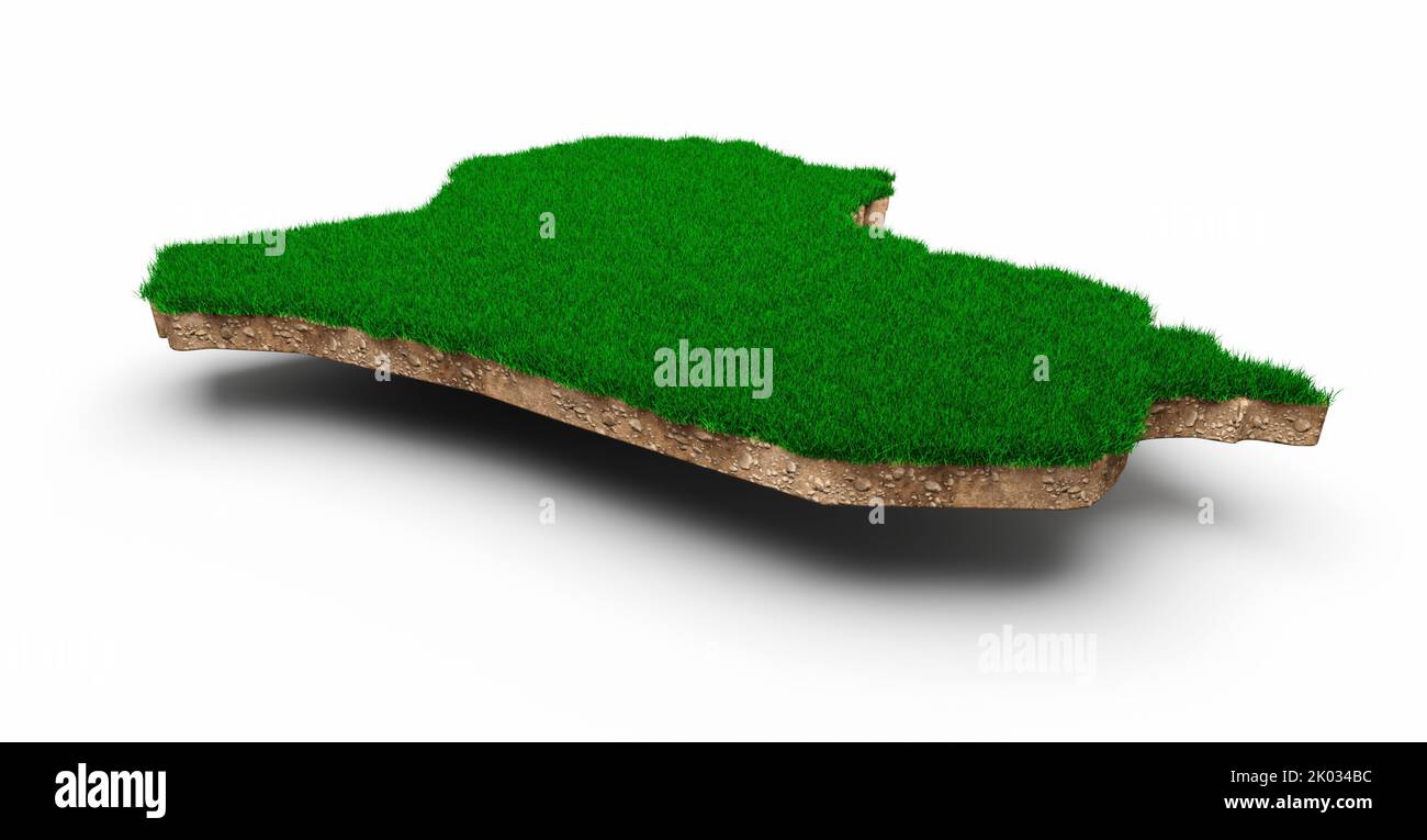 A 3D rendering of the Iraq-shaped map with grass and soil texture ...