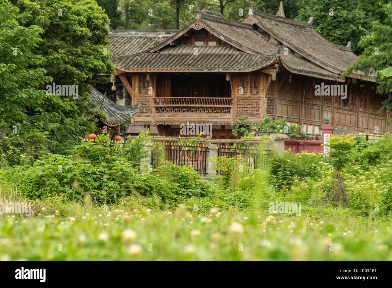 A beautiful evening shot of Chinese traditional wooden building in ...