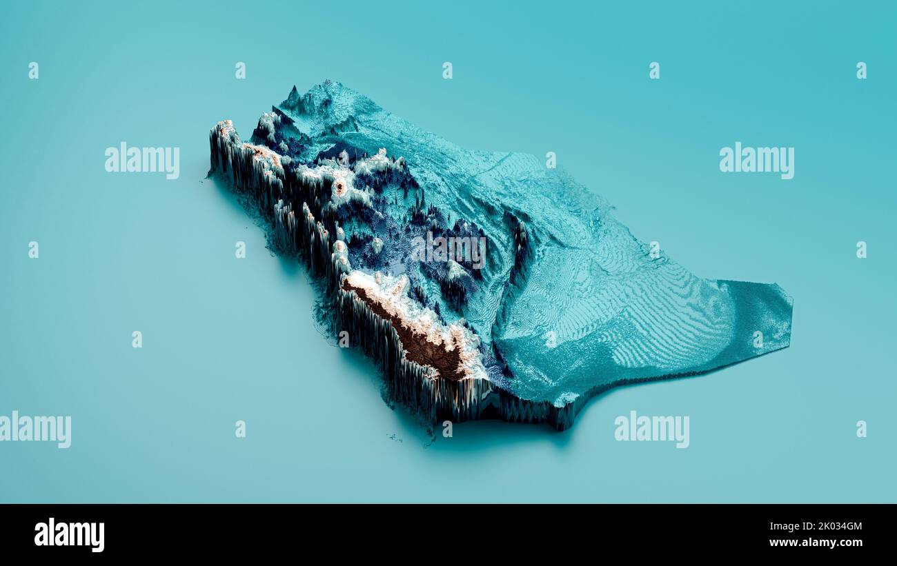 A 3D rendering of the Saudi Arabia topographic map on a blue background ...