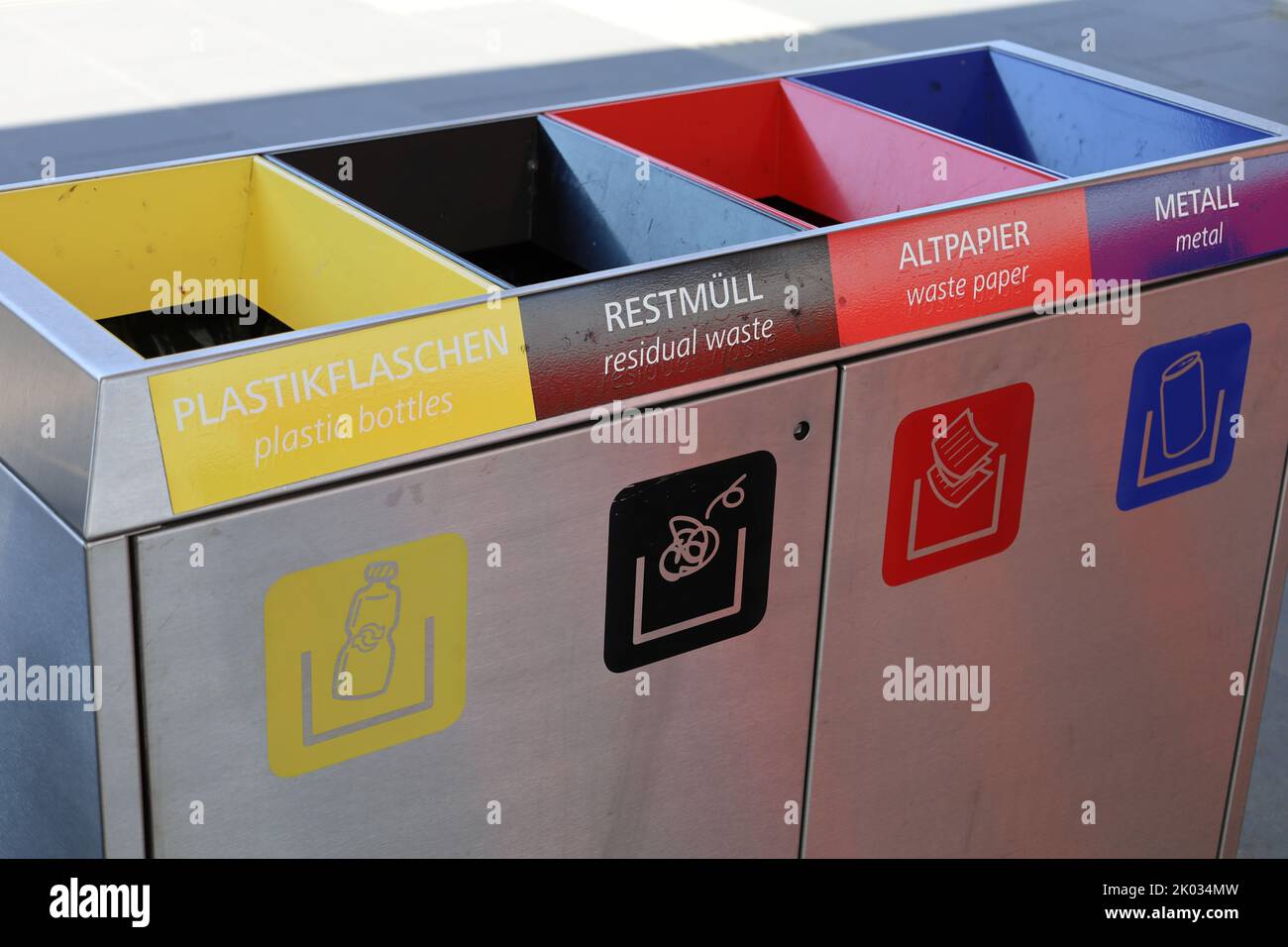 A closeup of an Austrian public recycle bin with garbage sorting icons ...