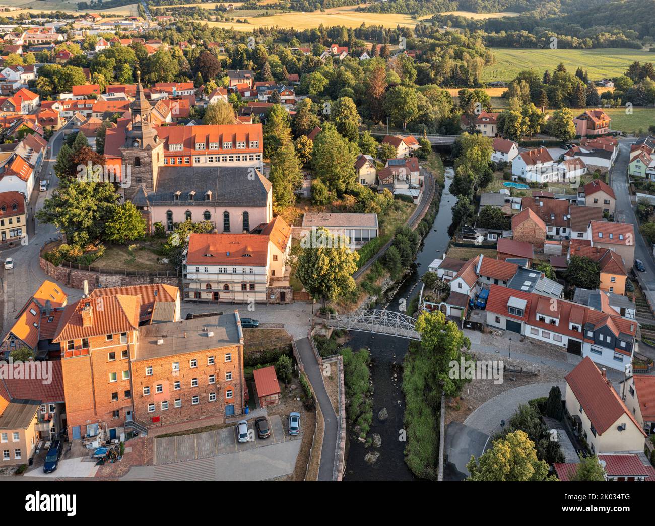 Germany, Thuringia, Bad Berka, houses, streets, church, river, bridge ...
