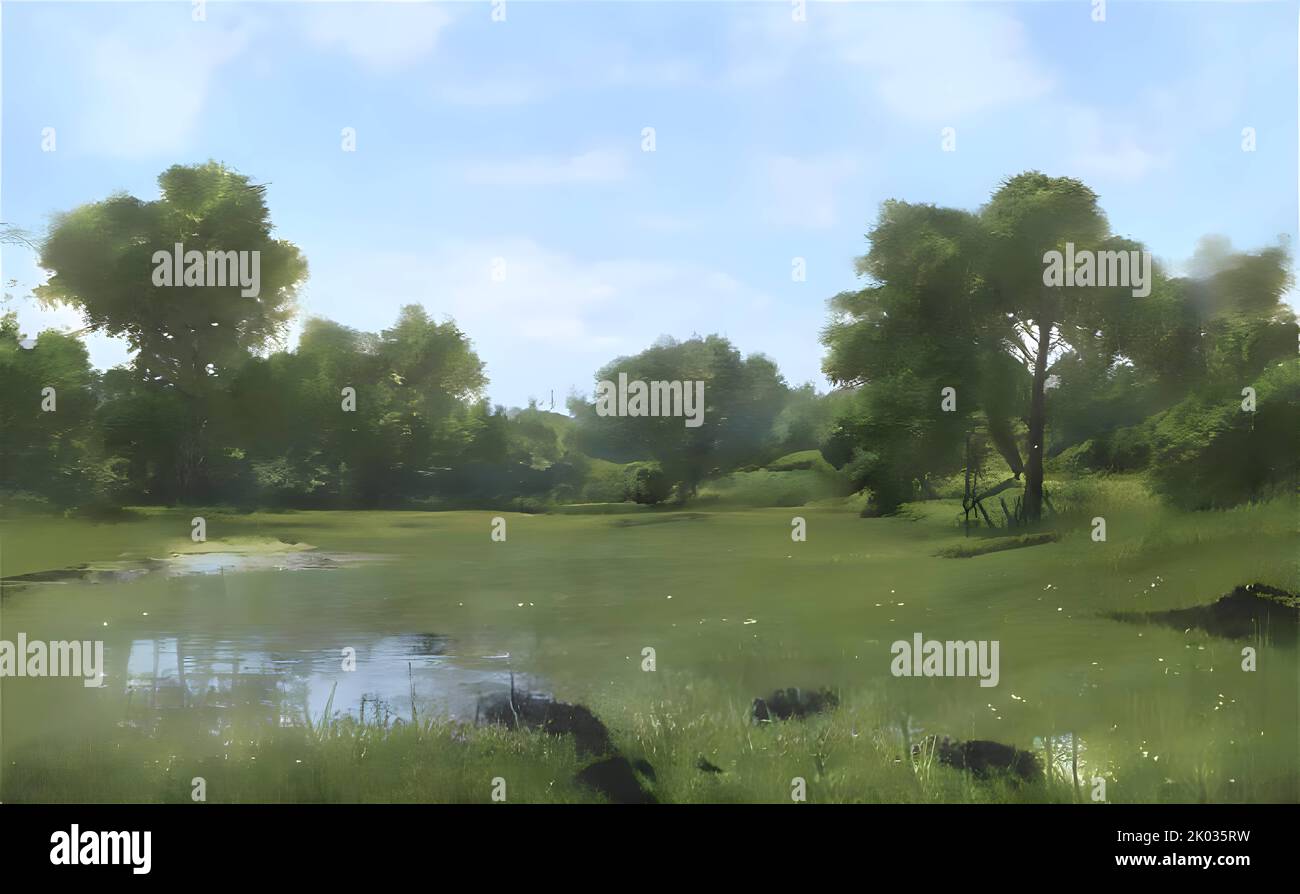 A scenic illustration of a green field with trees after rain Stock ...