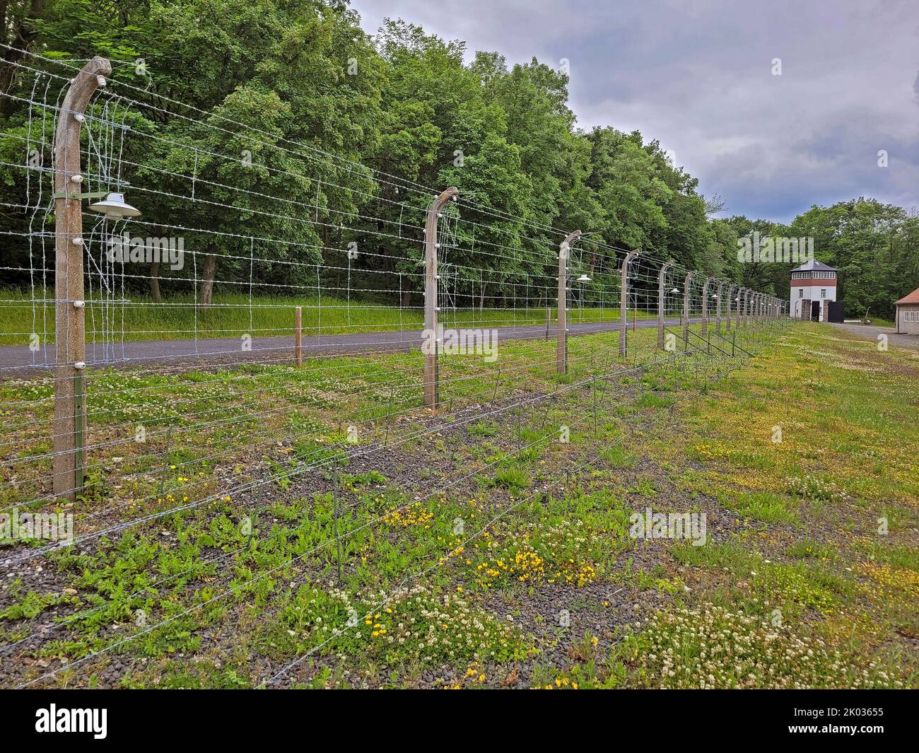 Camp fence and watchtower, Buchenwald concentration camp memorial on ...