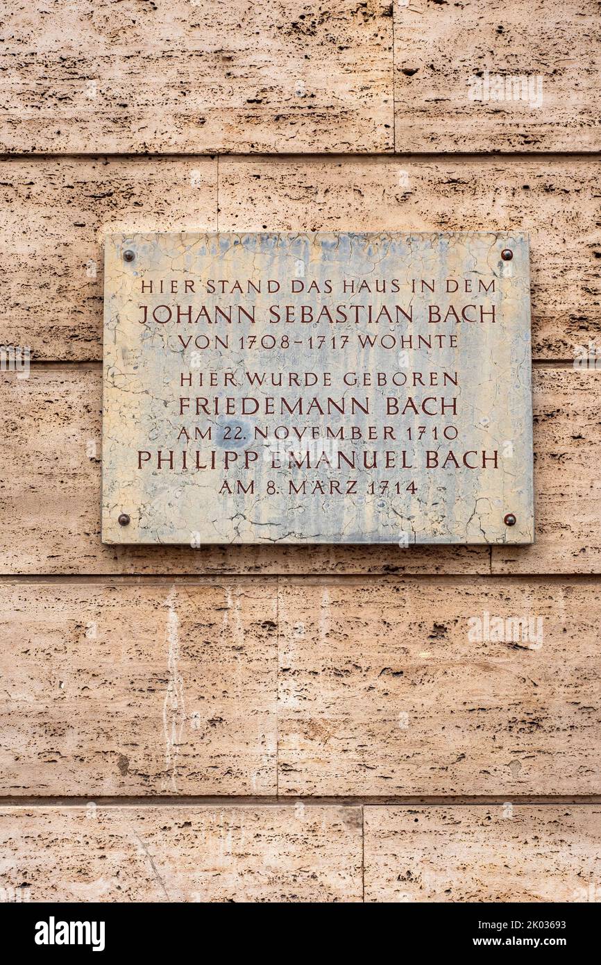 Plaque on the residence of Johann-Sebastian Bach at the market, Weimar ...
