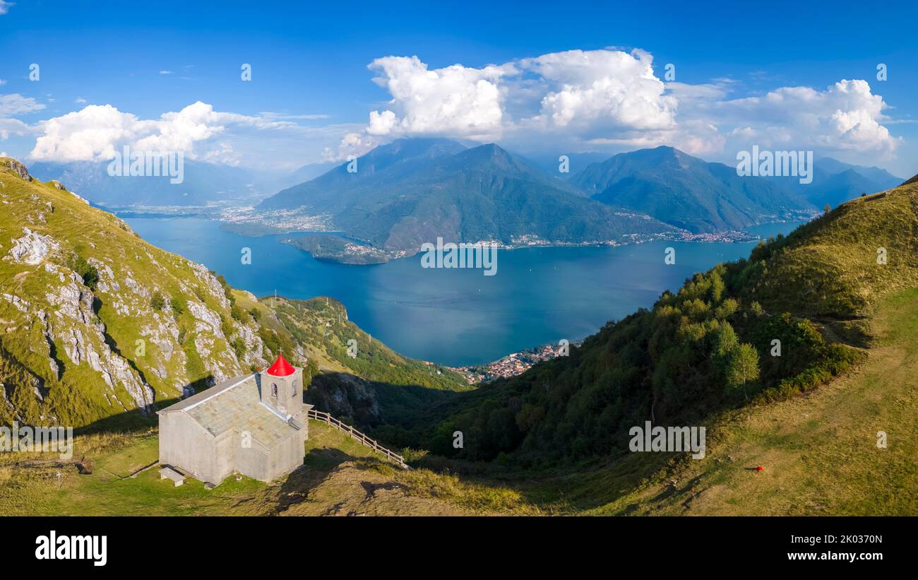 Aerial view of the church of San Bernardo on the mounts over Musso ...