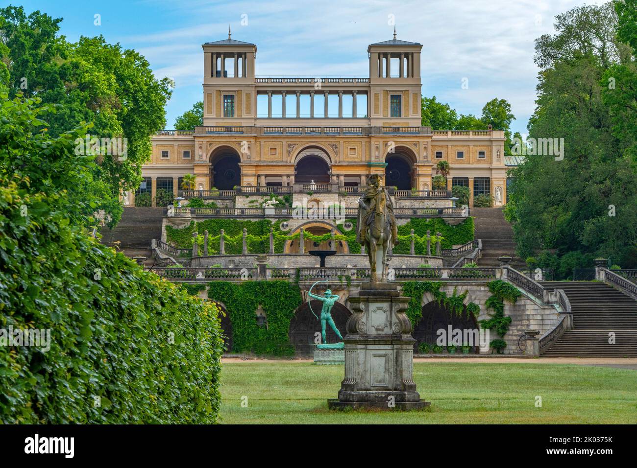 Equestrian statue Frederick the Great and Orangery Palace, Sanssouci ...
