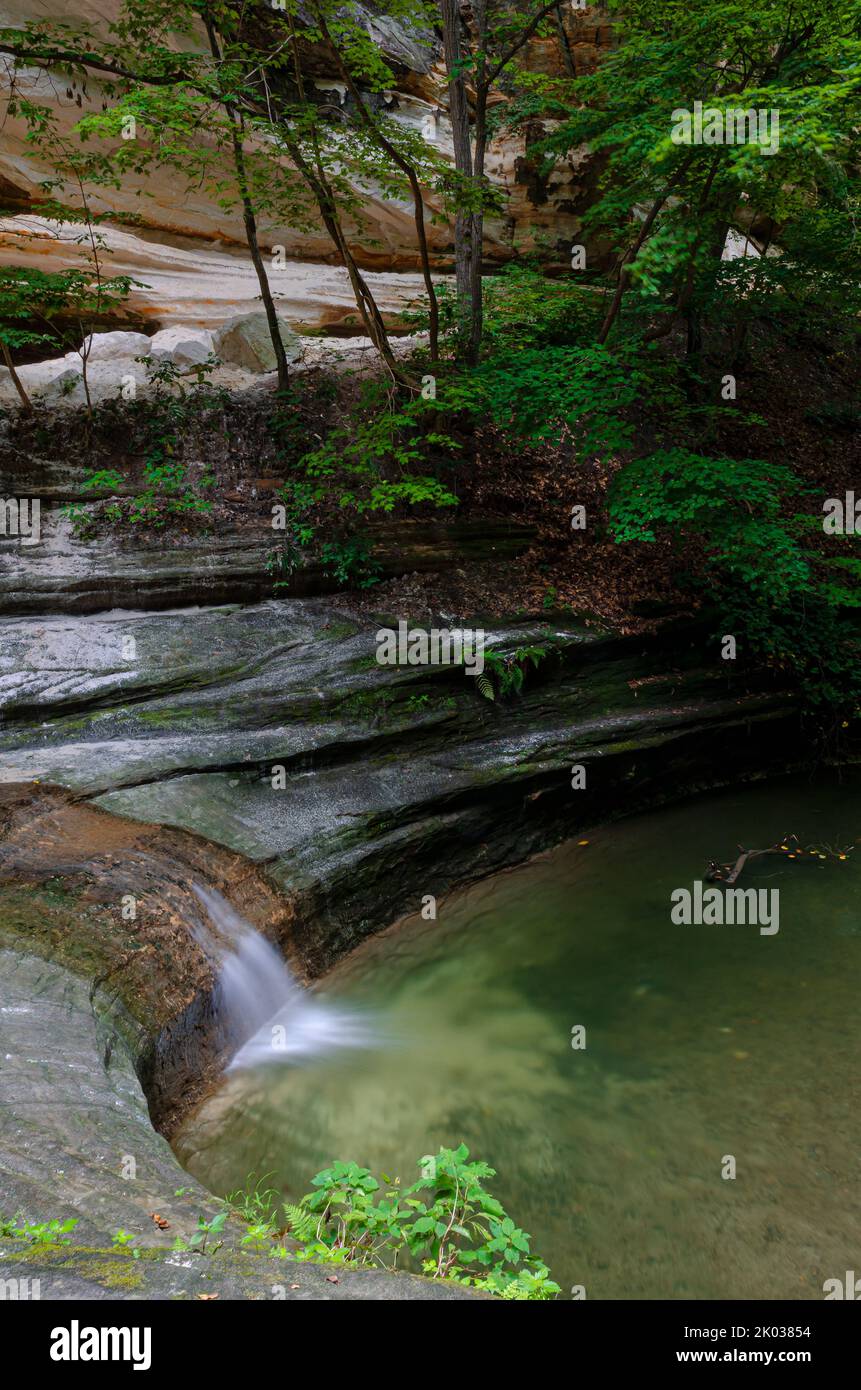 A small waterfall slides dowm the sandstone cliff in LaSalle Canyon ...