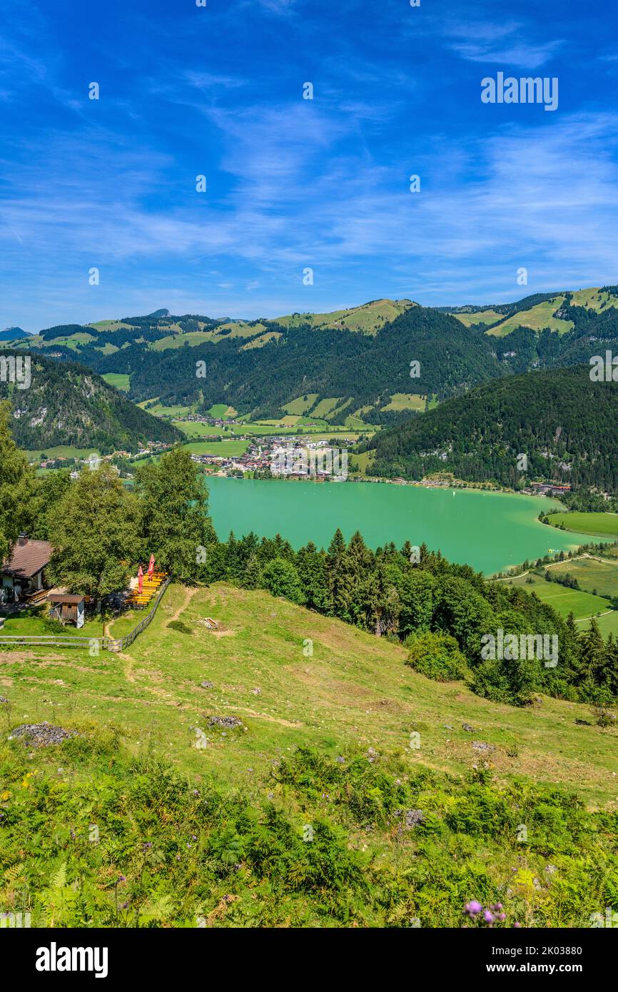 Austria, Tyrol, Kaiserwinkl, Walchsee with view of village, view from ...