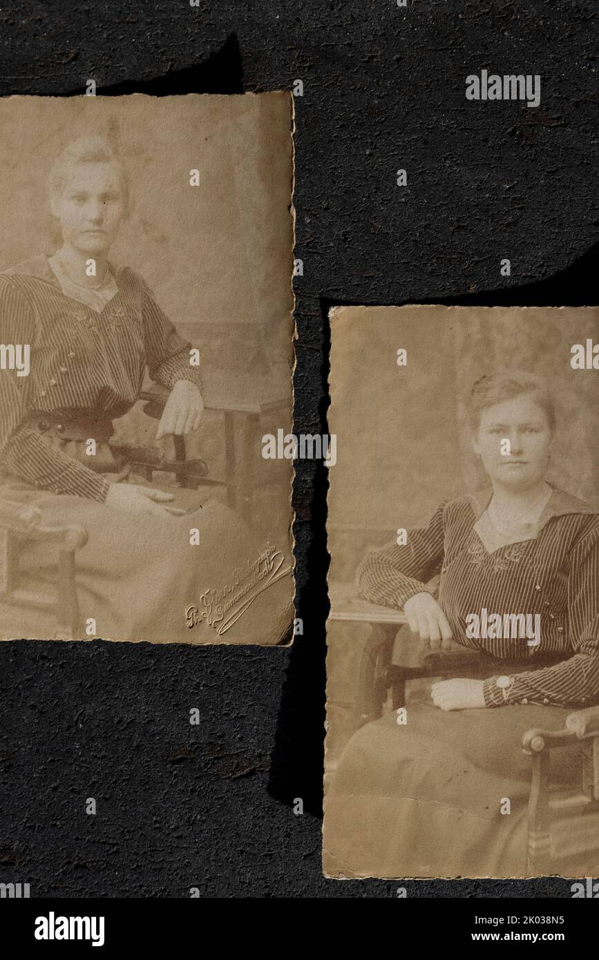 Two yellowed portrait photos of women in old fashioned clothes hi-res ...