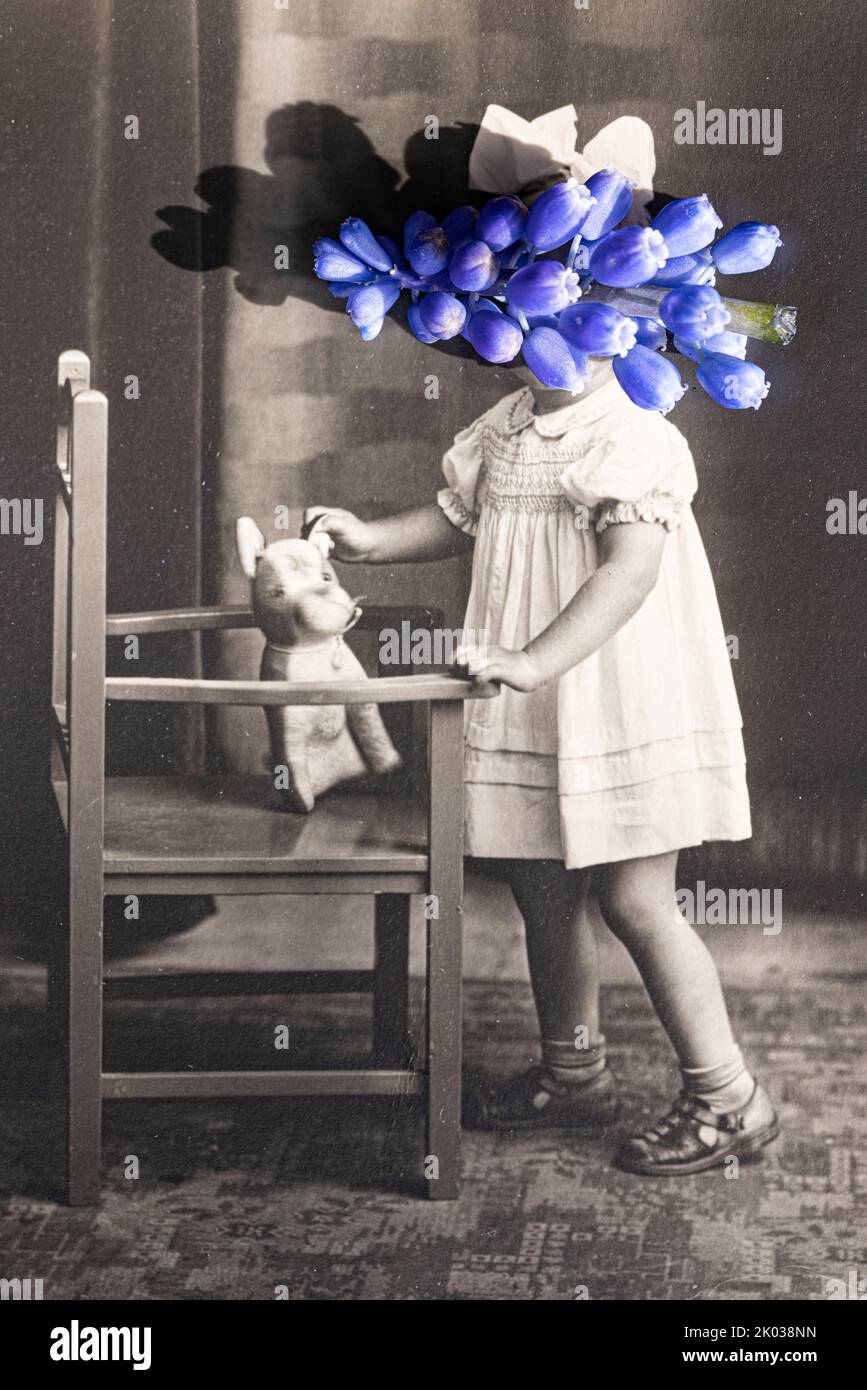 Yellowed photo of little girl with hyacinth over her face Stock Photo ...