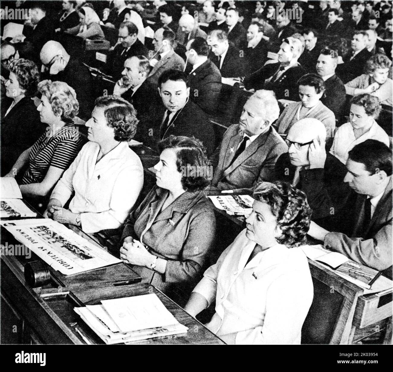 Soviet Russian factory workers receive education after work. 1965 Stock ...