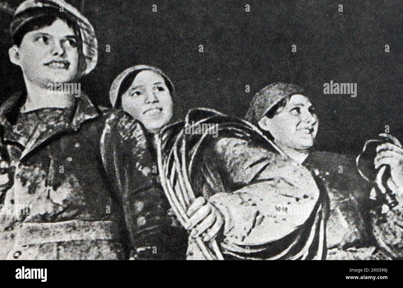 Soviet Russian construction workes building Magnitogorsk Iron and Steel ...