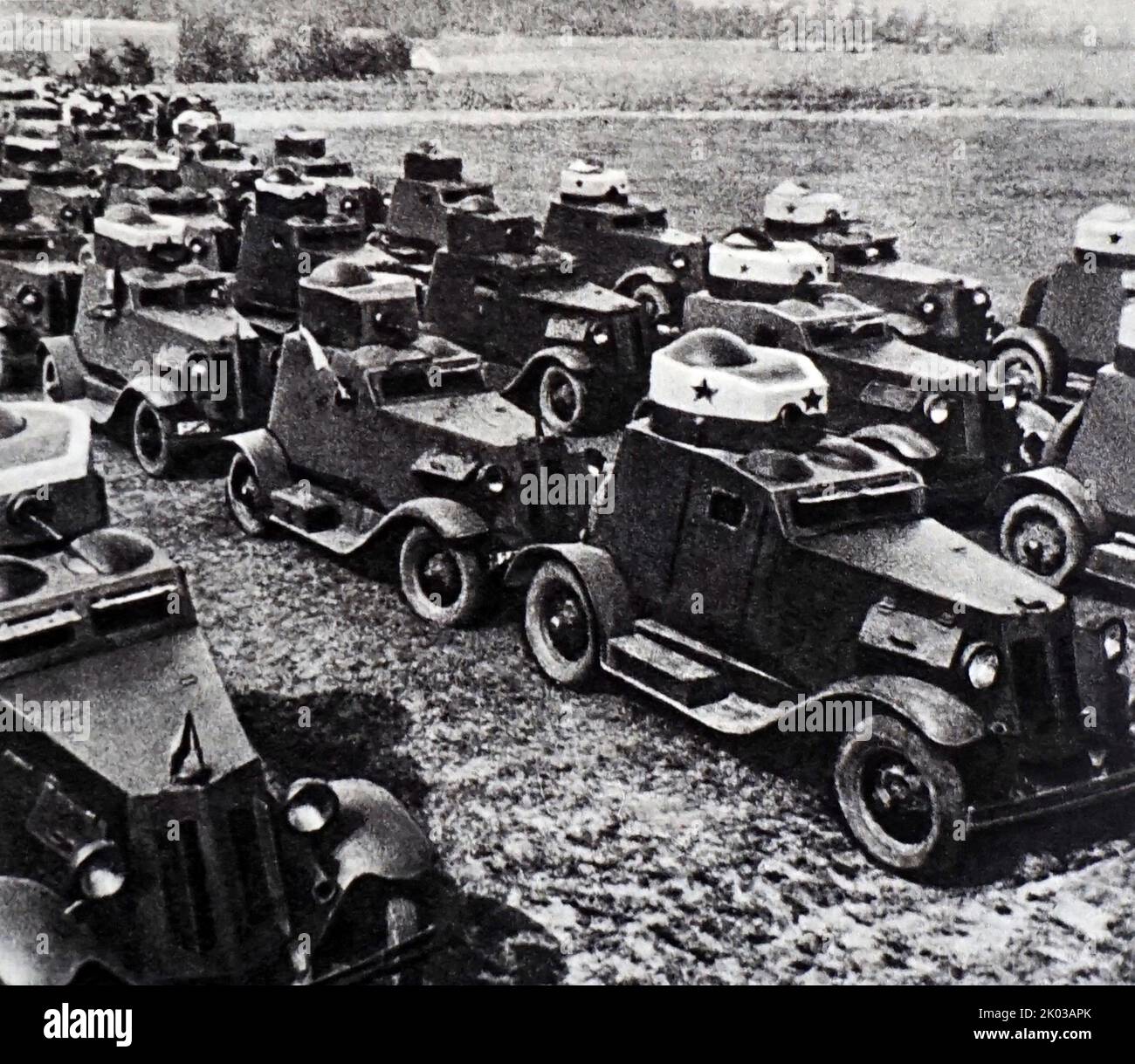 Soviet armoured unit advancing against German army. Russia, World War ...