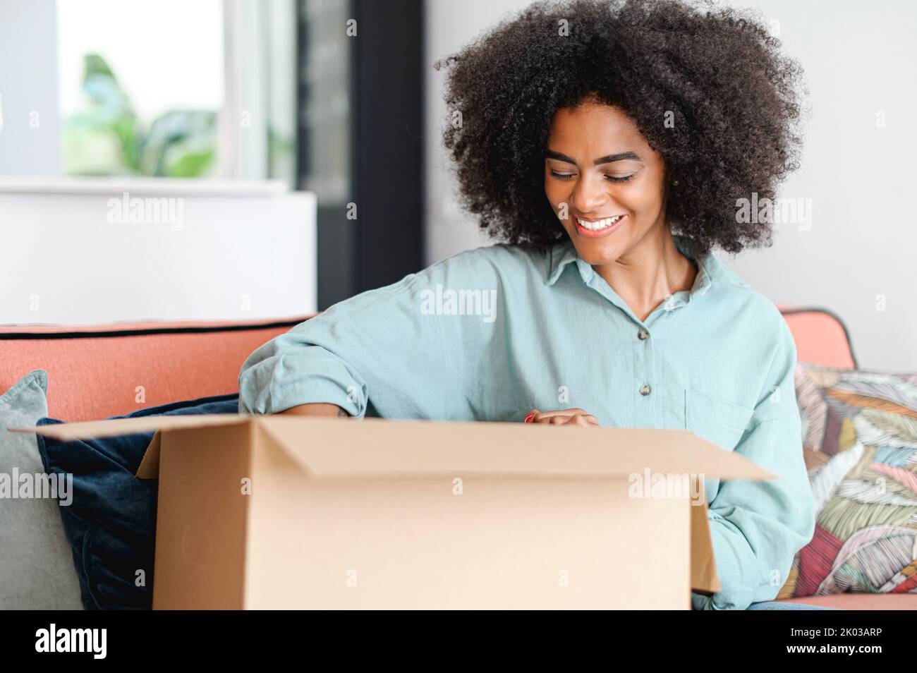 Happy with delivery satisfied female customer unpacking cardboard box ...