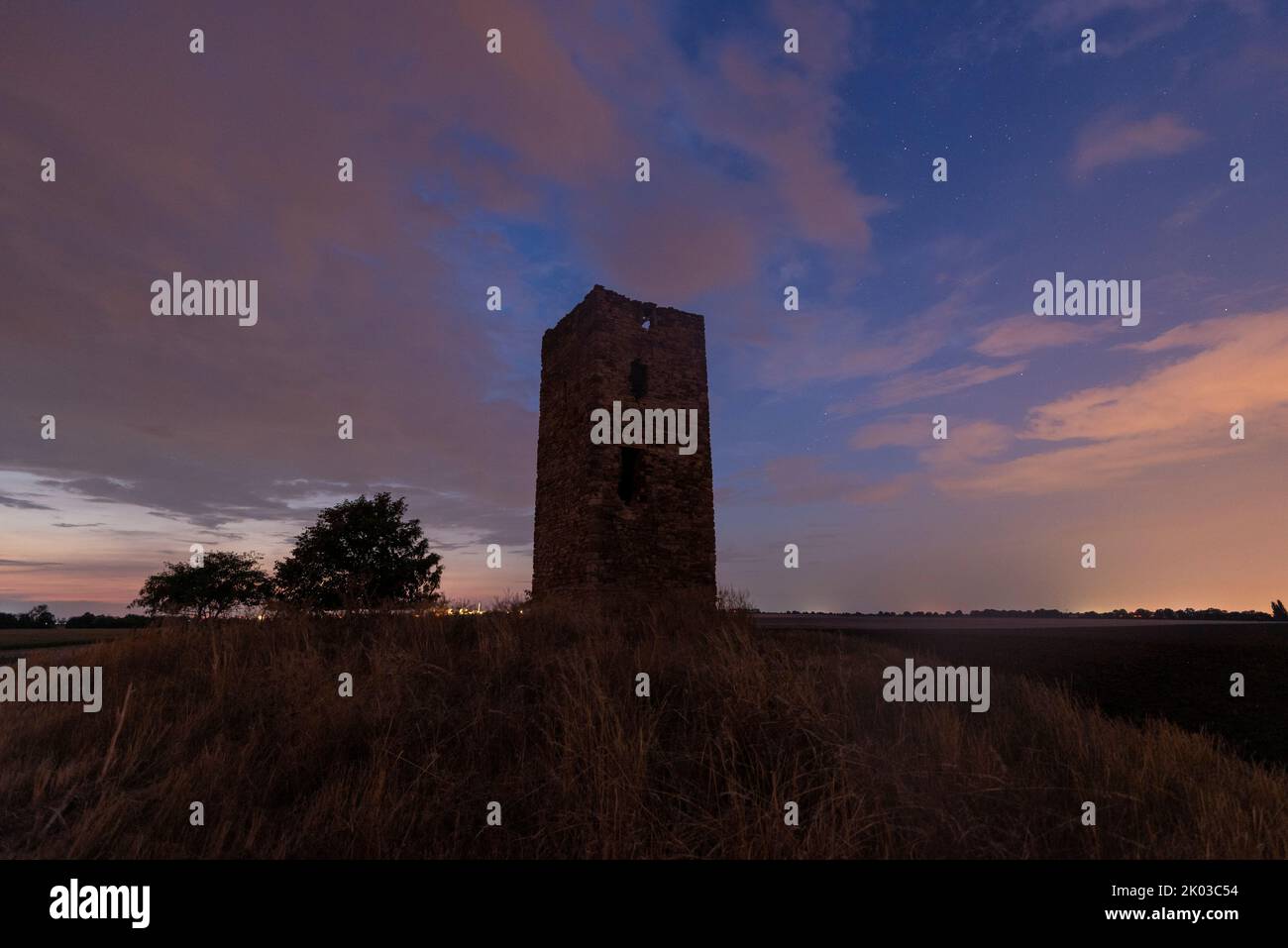 Blaue Warte", medieval watchtower, built 1438, night sky, Wanzleben ...