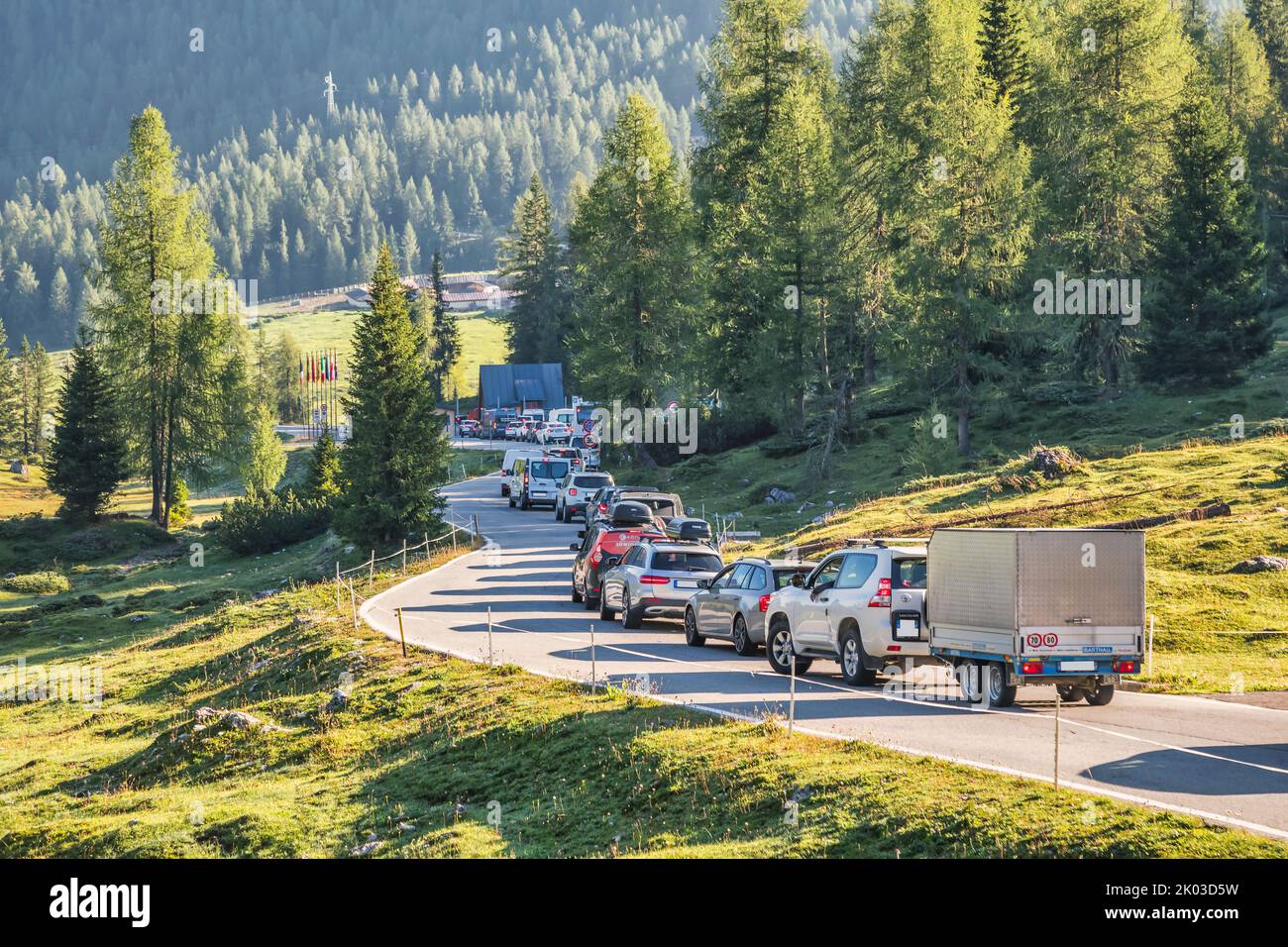 italy, Veneto, Auronzo di Cadore, Dolomites. Cars in columns at the ...