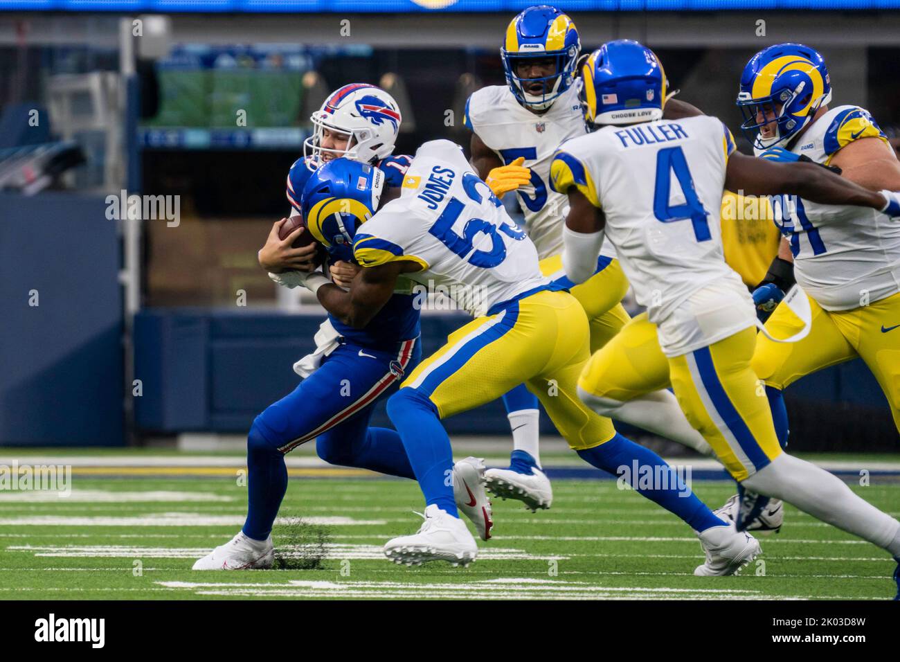 Los Angeles Rams linebacker Ernest Jones (53) tackles Buffalo Bills ...