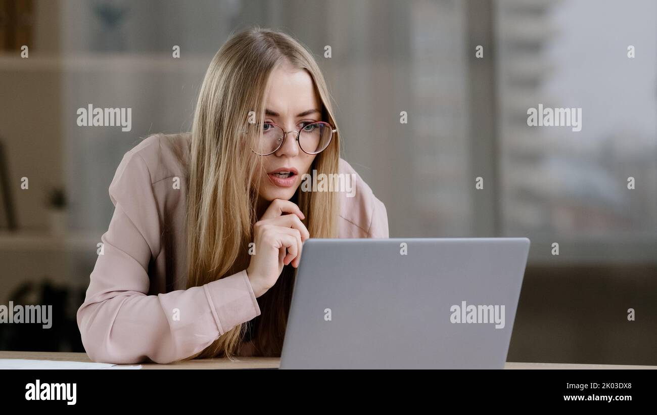 Close up shocked caucasian business woman female student worker user ...