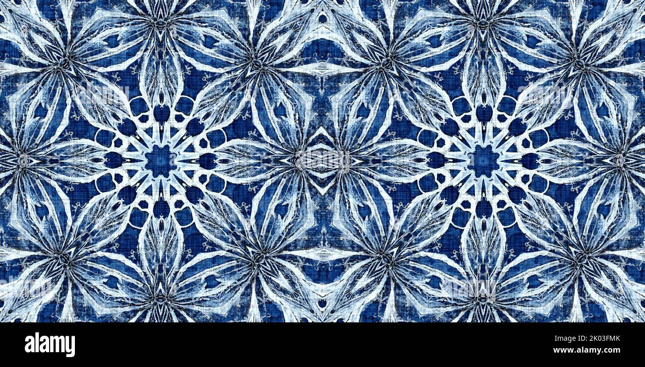 Indigo blue snow flake border background. Frosty batik painterly effect ...
