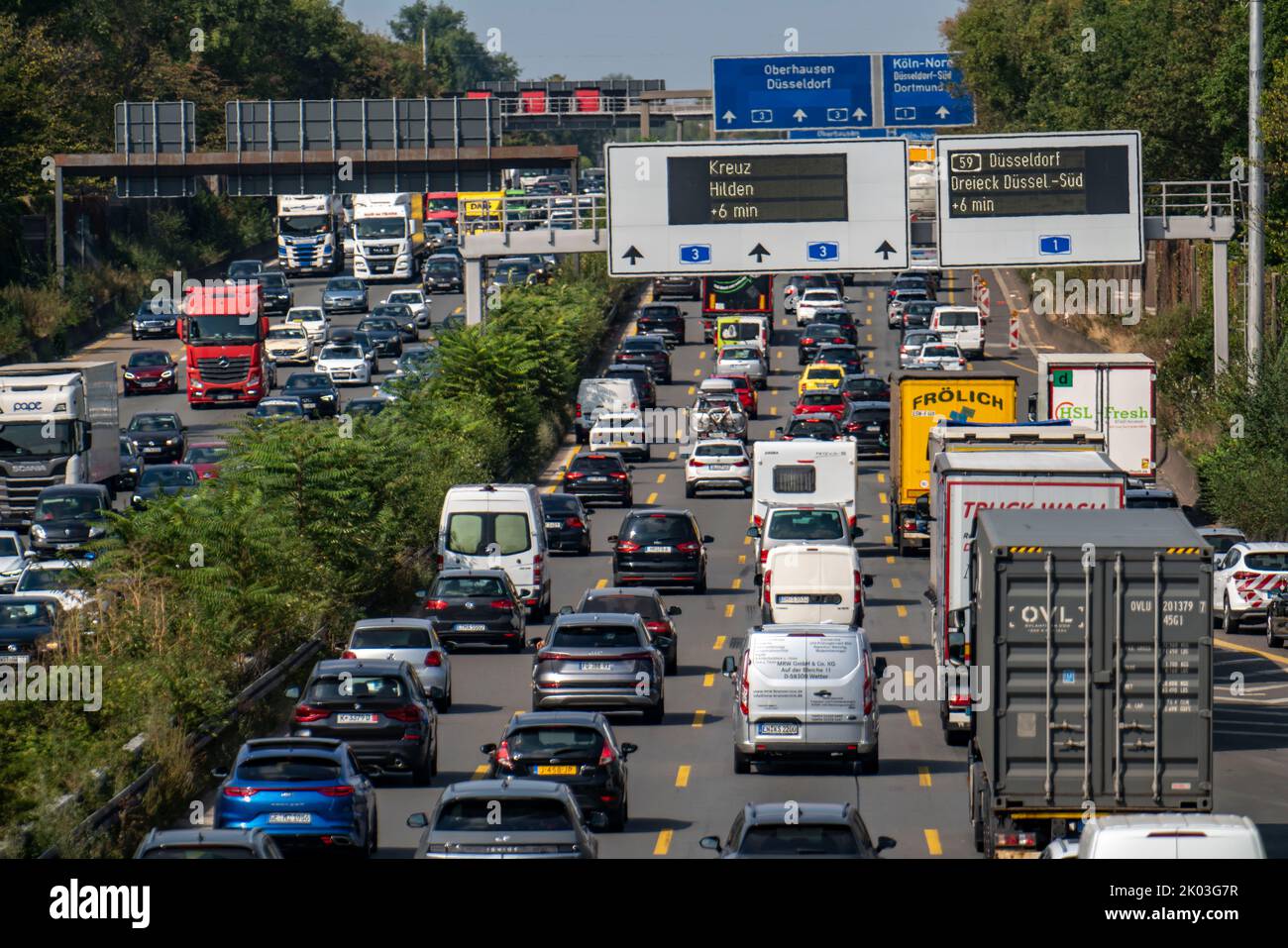 Traffic jam on the A3 motorway, over 8 lanes, in both directions ...