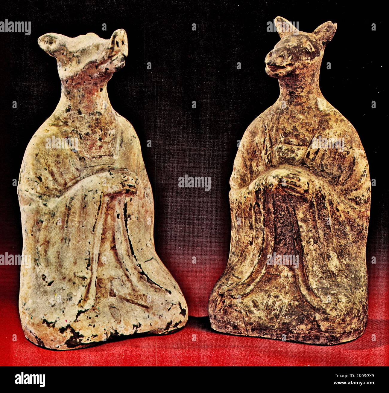 Eastern Han Dynasty, figurines of Genii Hai and Hsu. Hsu is a god with ...