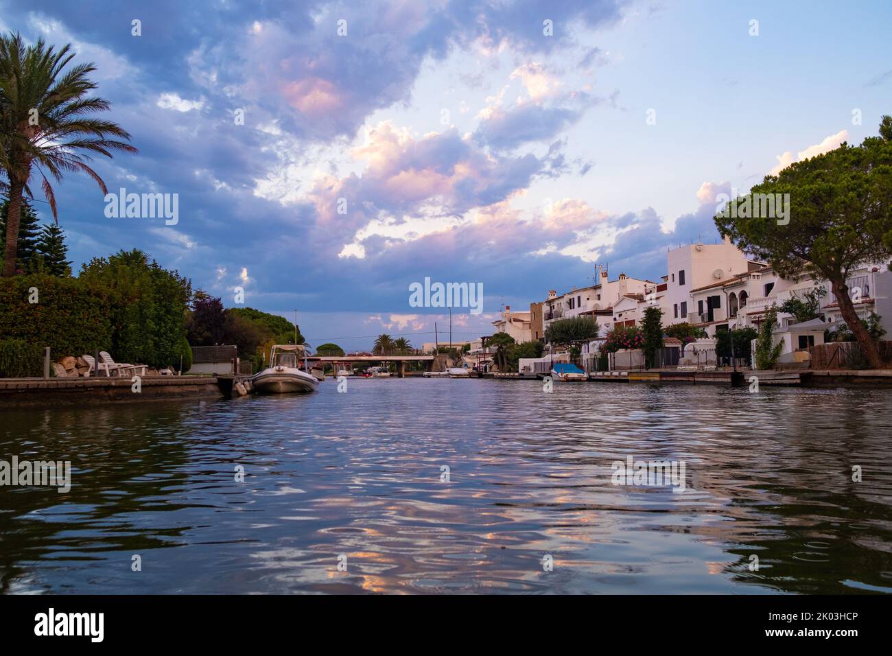 Empuriabrava spanish town in view of main water channel with boats at ...