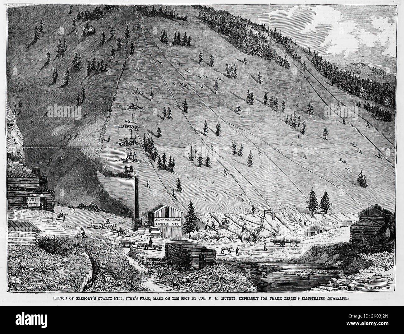 Sketch of Gregory's Quartz Mill, Pikes Peak, Colorado (1860). 19th ...