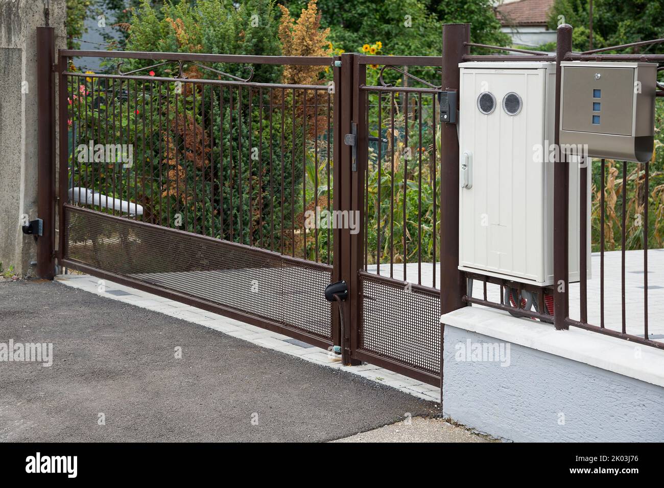 Gate with electric opener and outdoor electricity meter box cover and ...