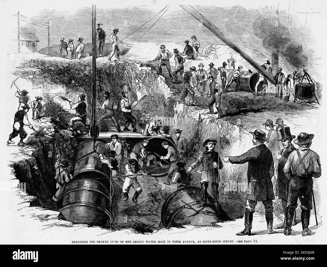 Repairing the broken pipes of the Croton Aqueduct water main in Fifth ...