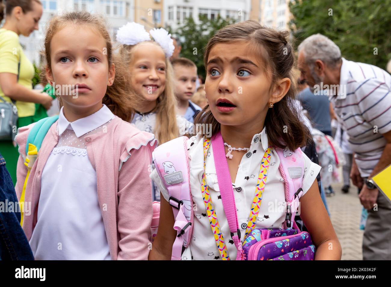 Odessa, Ukraine. 01st Sep, 2022. Children wait to enter their school ...