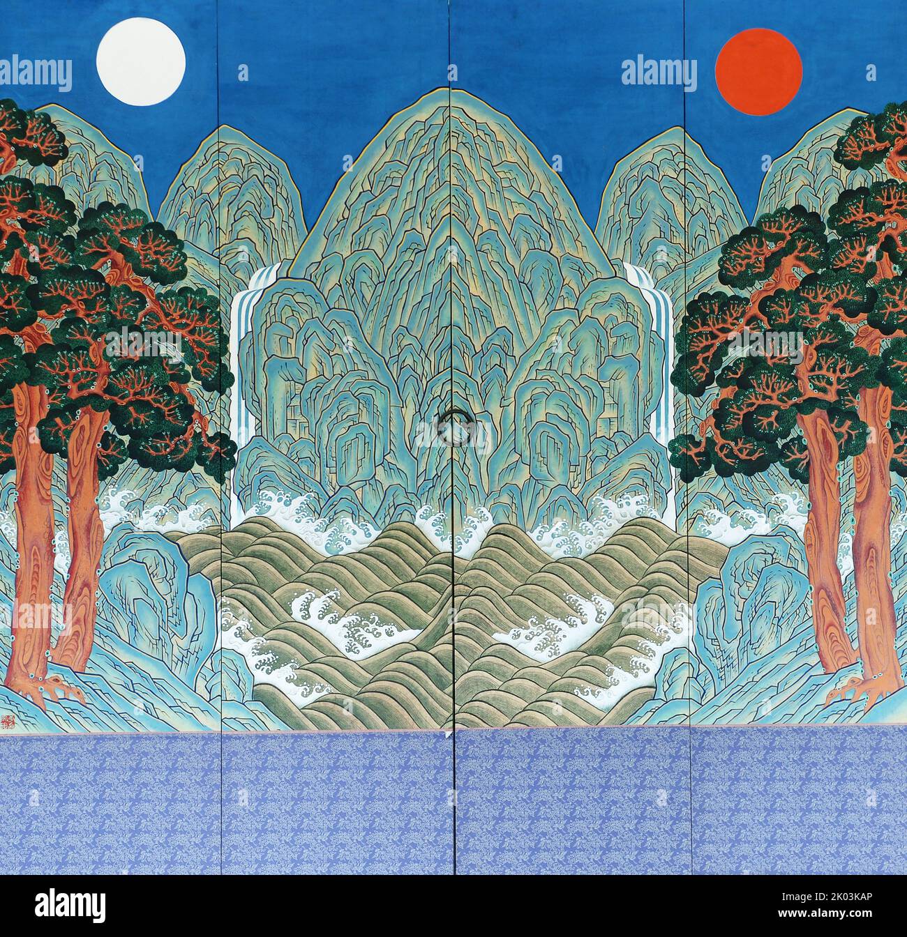 the Irworobongdo, a Korean folding screen with a highly stylized ...