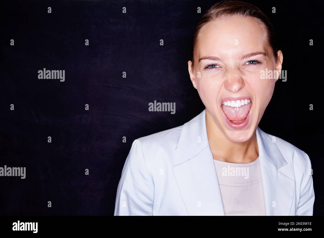 Aggressive Business Woman Screaming On Black Background Young Business
