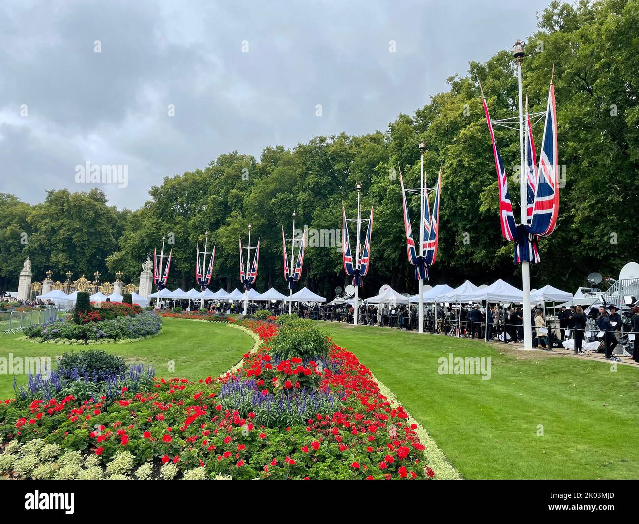 London, United Kingdom - September 9 2022: Reporters tents outside Buckingham Palace following ...