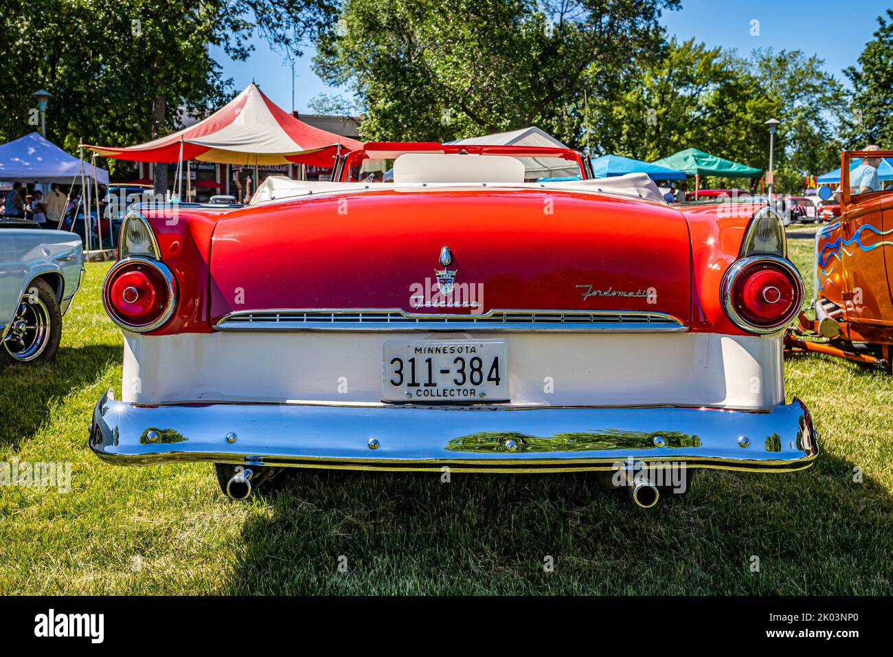 Falcon Heights, MN - June 17, 2022: Low perspective rear view of a 1955 ...