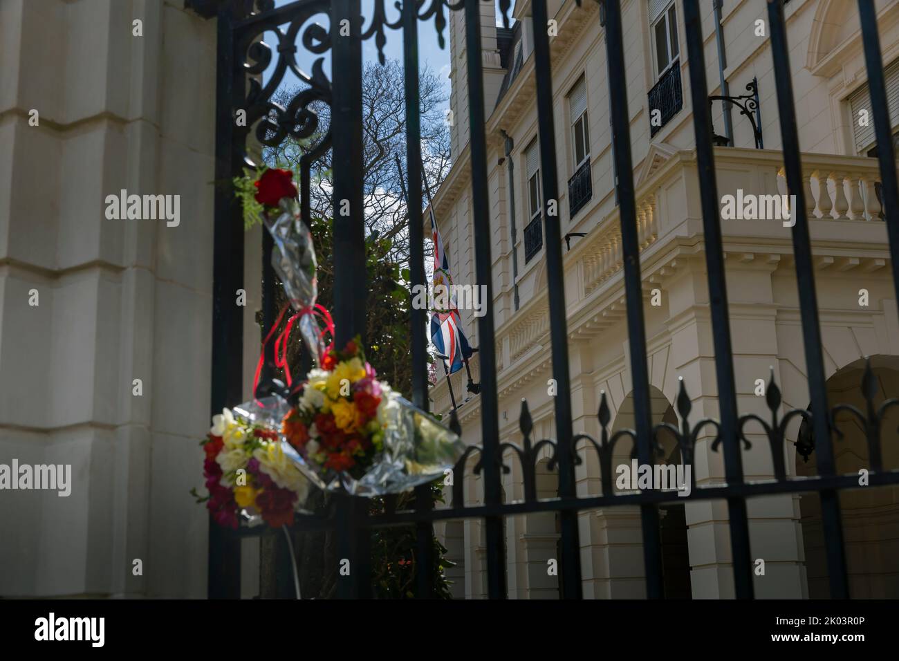 Buenos Aires, Argentina, 9th September, 2022. Flowers and the flag at ...