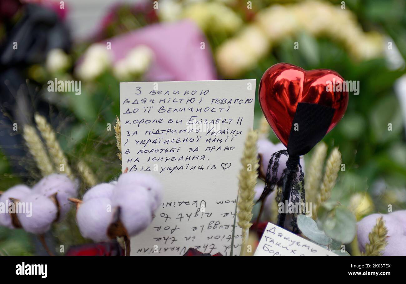 KYIV, UKRAINE - SEPTEMBER 9, 2022 - The message on the card expresses ...