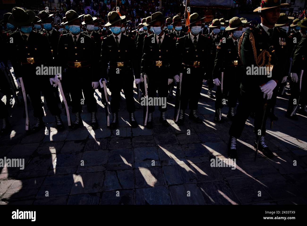 Nepali Army personnel stand guard during the festival at Basantapur Durbar Square. Indra Jatra ...