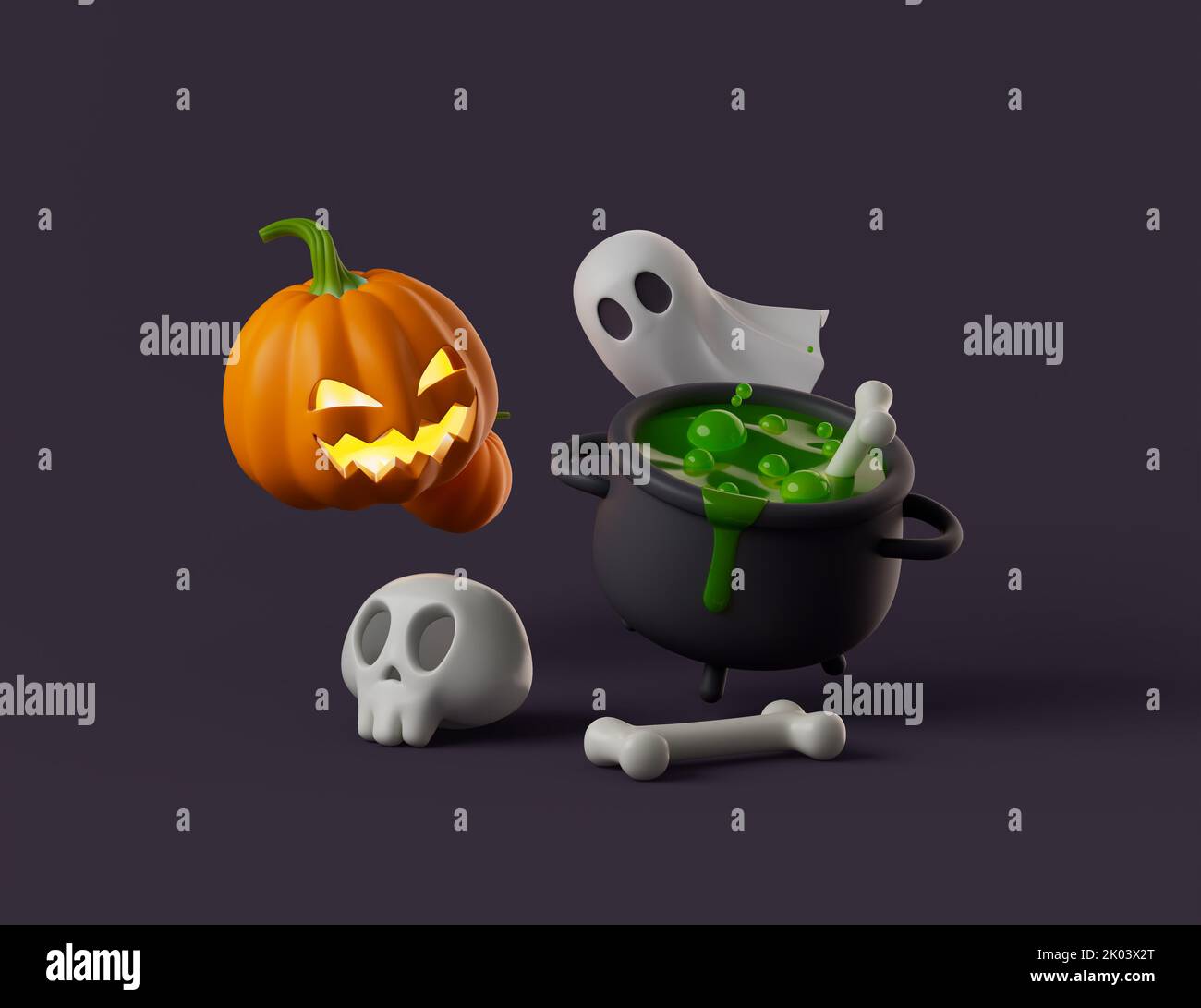 Simple halloween cartoon witches boiling cauldron with pumpkin, ghost ...