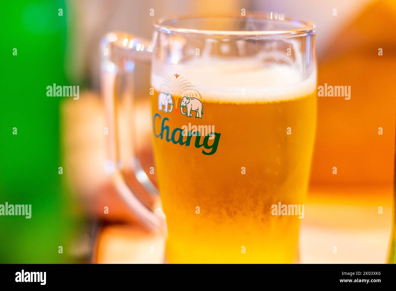 BANGKOK, THAILAND - 1.11.2019: Detail of glass with Chang beer. Chang ...