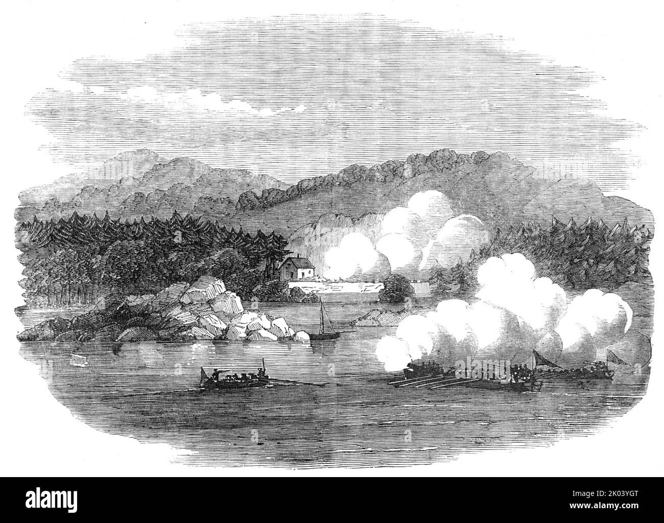 Boat Attack, by H.M.S. "Gorgon" on on of the Aland Isles, 1854. Scene ...
