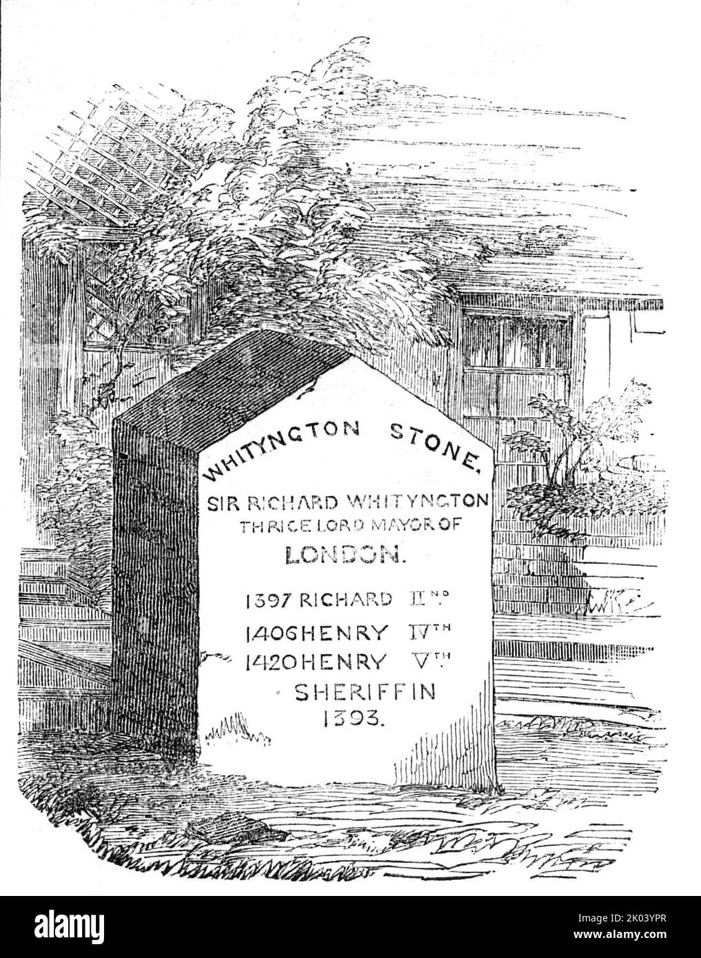 "The Whityngton Stone", 1854. Memorial to Richard Whittington in Islington, London, inscribed ...