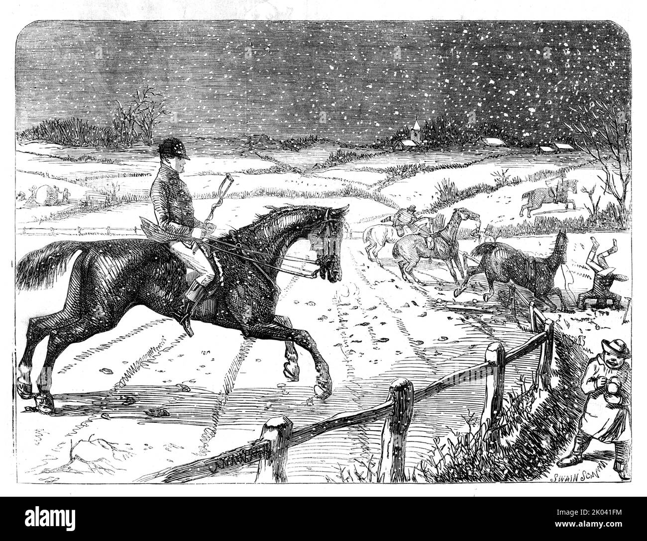 Very Fond of It - drawn by John Leech, 1854. Horse-riding in the snow ...