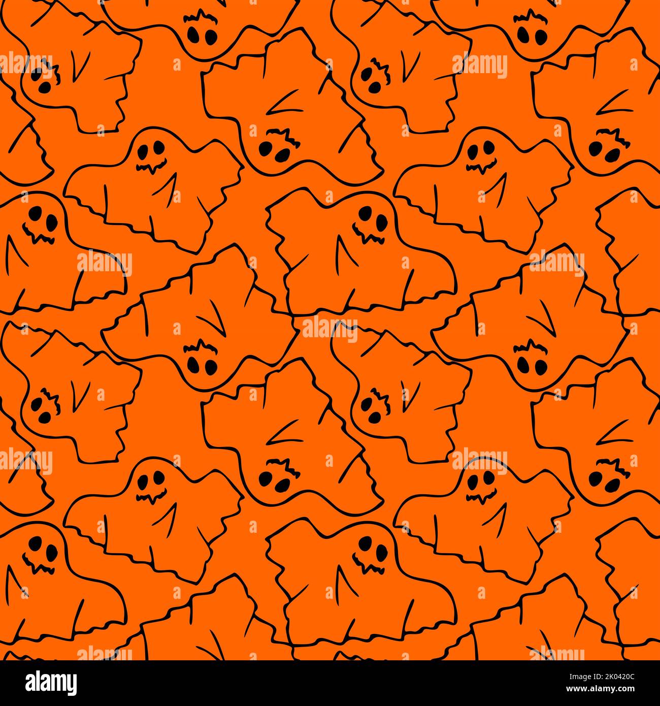 seamless contour pattern of graphic flying black ghosts on orange ...